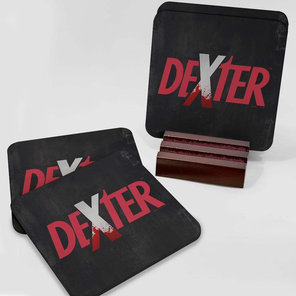 Dexter Splatter Logo Hardwood Coaster with Mahogany Holder - Set of 4 ...